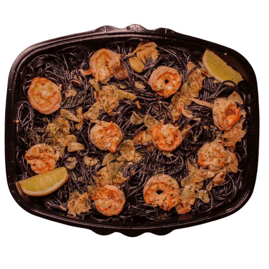 Grilled Tiger Prawns in Squid Ink Pasta - Town's Delight